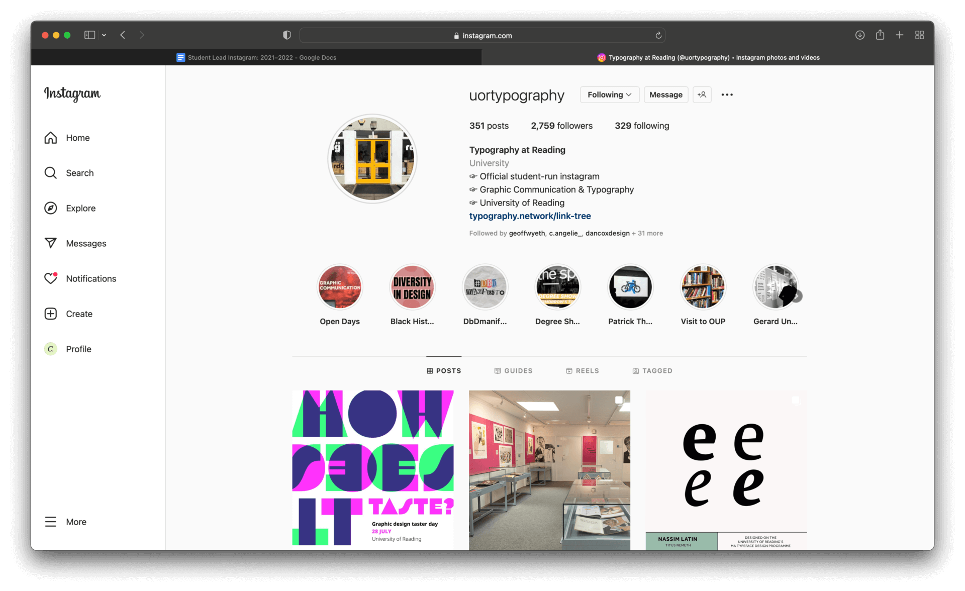 Student-Led Department Instagram 2022 – Typography & Graphic Communication